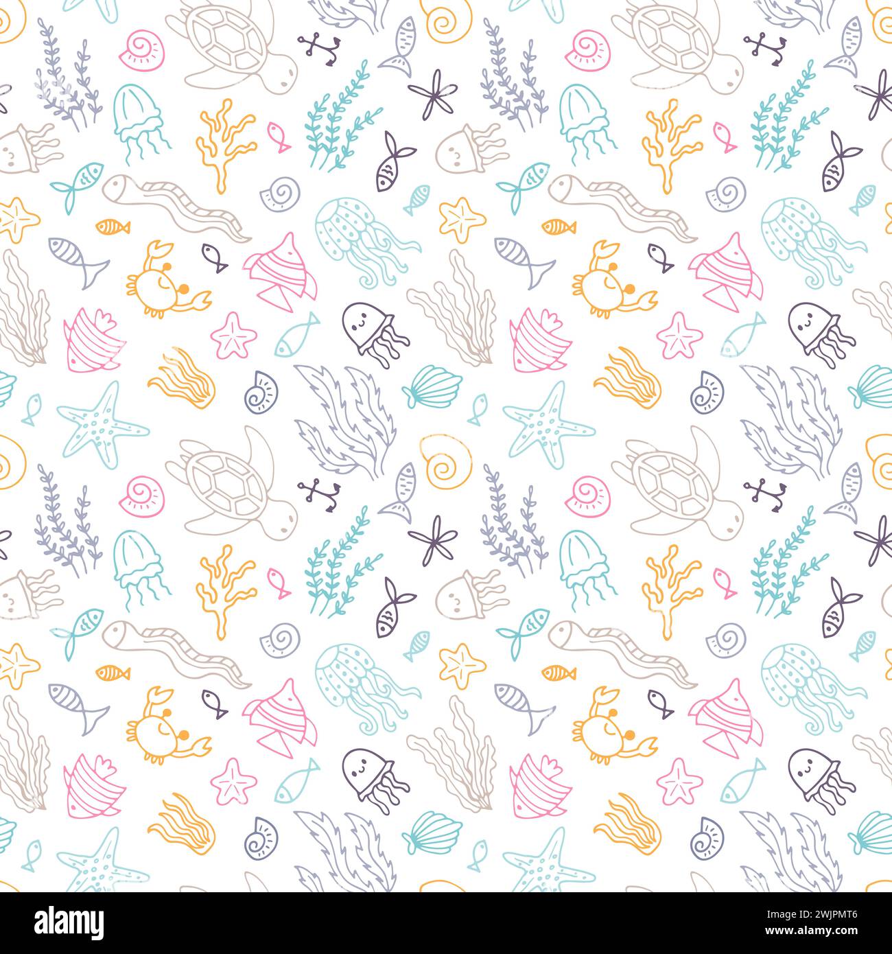 Hand drawn seamless pattern with underwater animals. Ocean, sea life ...