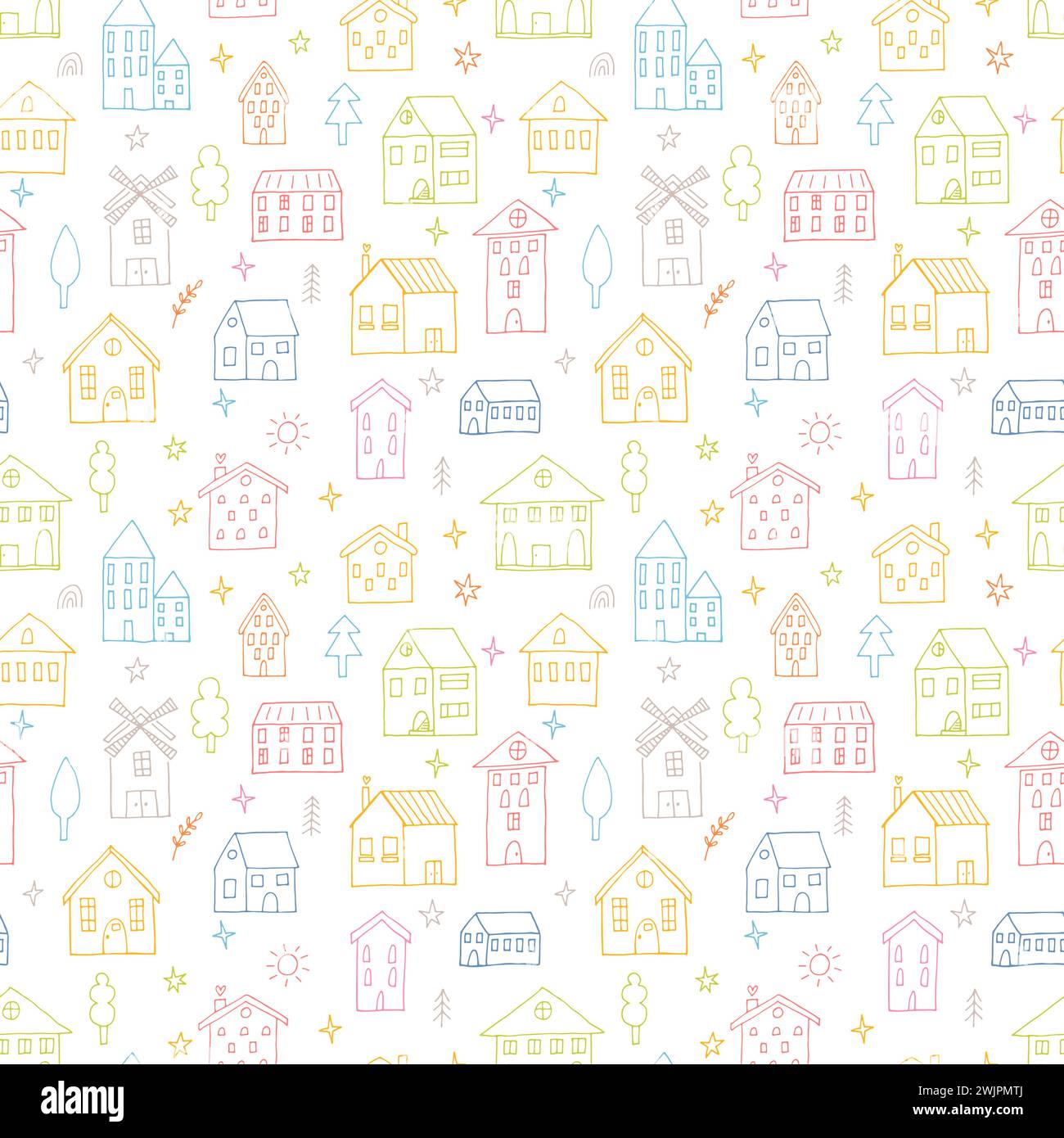 Cute seamless pattern with hand drawn houses. Buildings. Doodle style ...