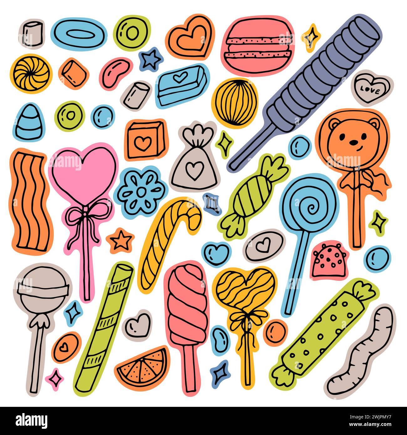 Hand drawn set of sweets and candies. Desserts, chocolate, macaroons ...