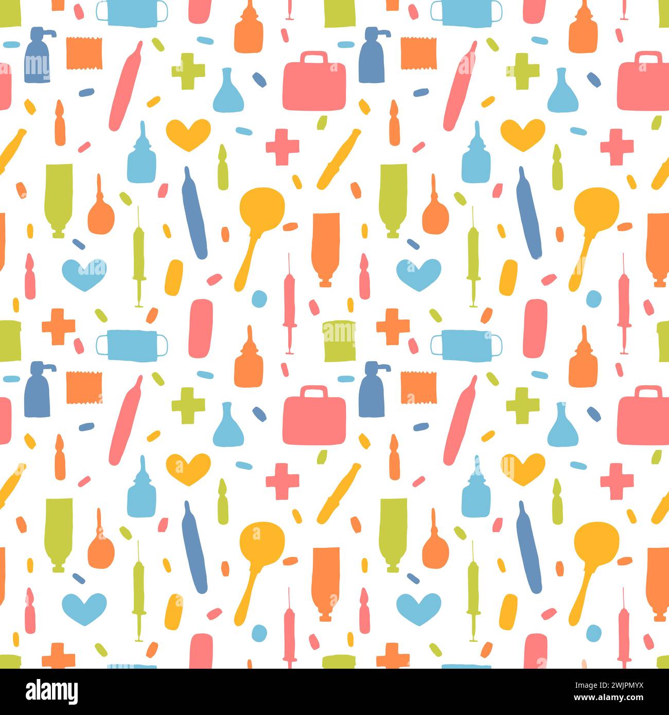 Health care seamless pattern. Hand drawn medicine elements. Pharmacy ...