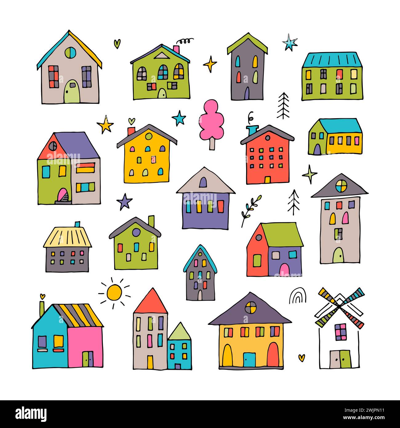 Set of cute hand drawn houses. Collection of sketched buildings. Doodle style. Vector ...