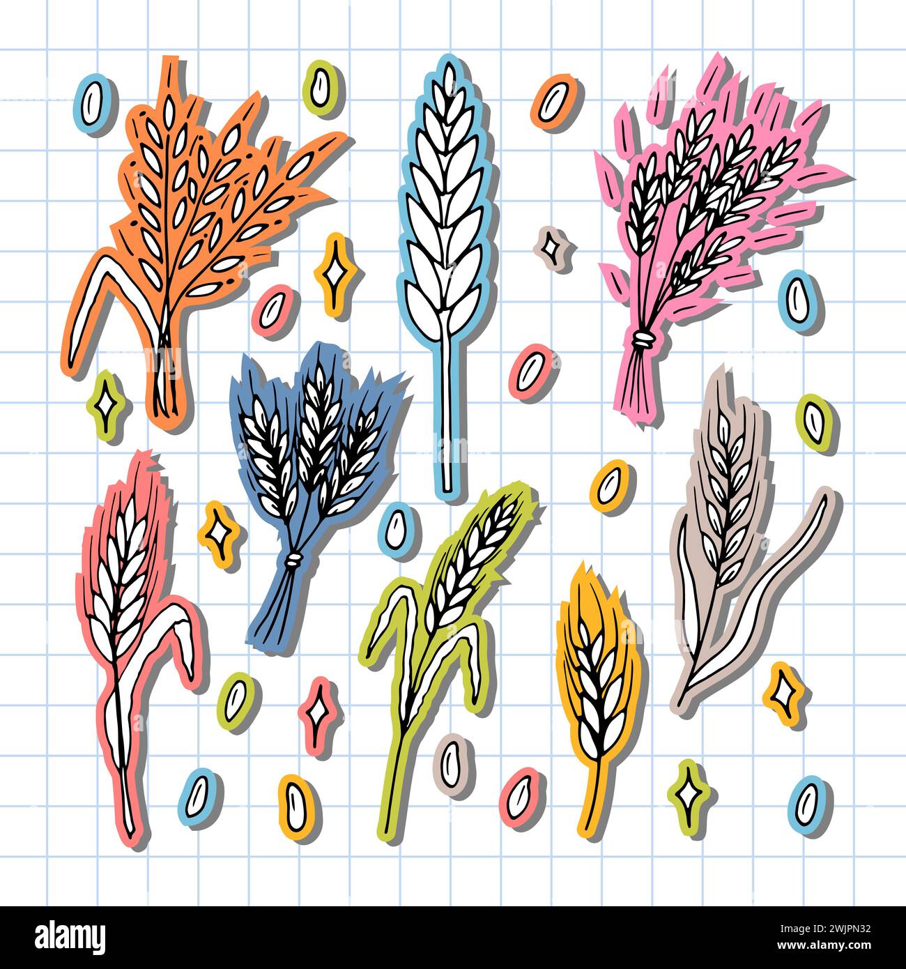 Set of hand drawn wheat ears. Grain spikelets. Doodle, sketch. Bakery ...