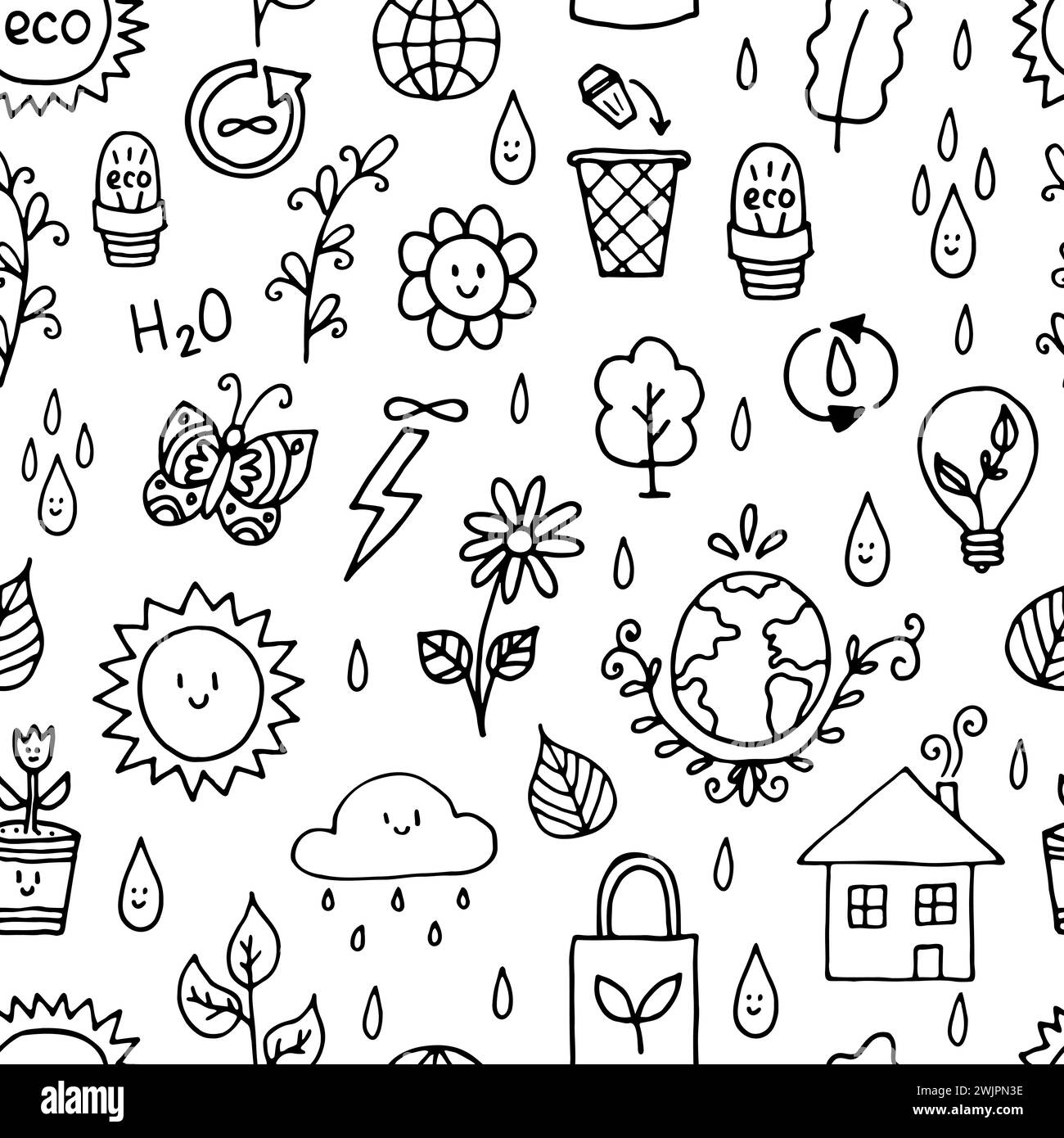 Seamless pattern with outline eco icons and recycles symbols. Save the ...