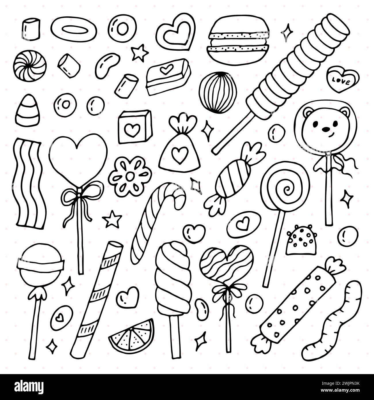 Hand drawn set of sweets and candies. Desserts, chocolate, macaroons ...