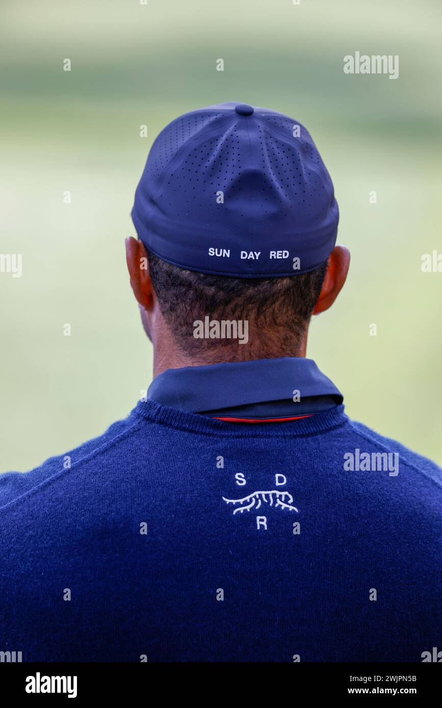 February 16, 2024 A detail of the TaylorMade Sun Day Red hat and ...