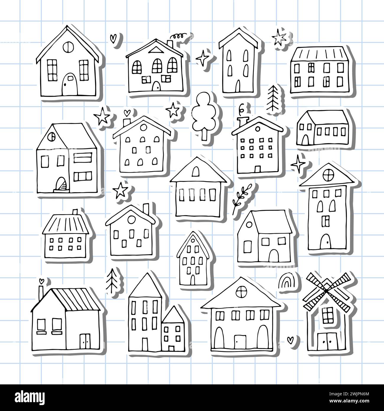 Set of cute hand drawn houses. Collection of sketched buildings. Doodle ...