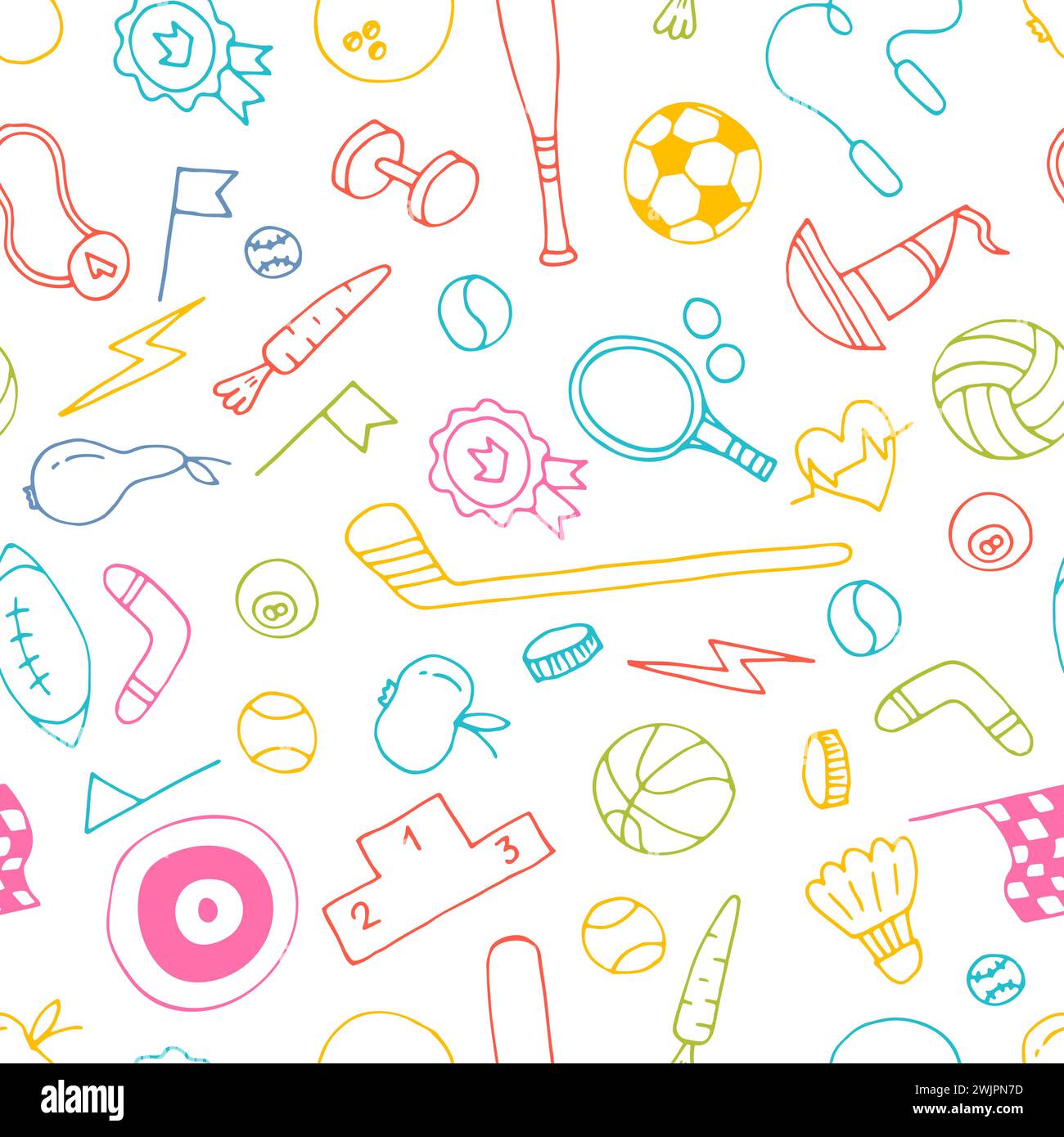 Sport doodle hand drawn seamless pattern. Sport equipments. Fitness ...