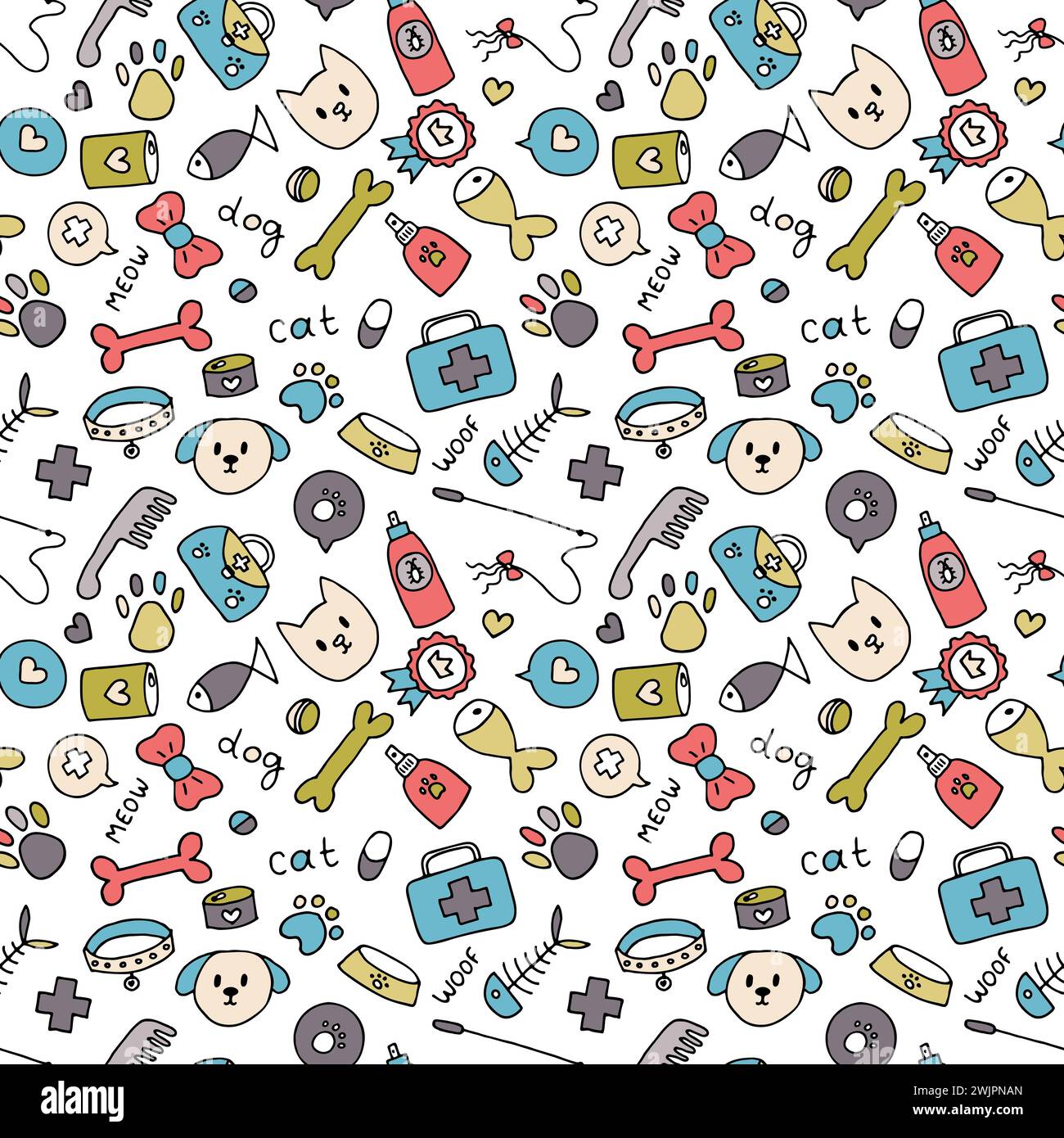 Cute pet seamless pattern. Hand drawn animal background for pet shop ...