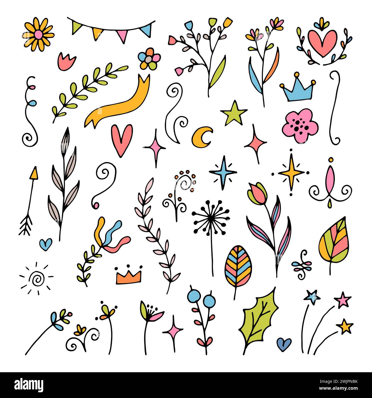 Set of hand drawn floral design elements. Flowers, branches, stars. Doodle stickers. Rustic ...