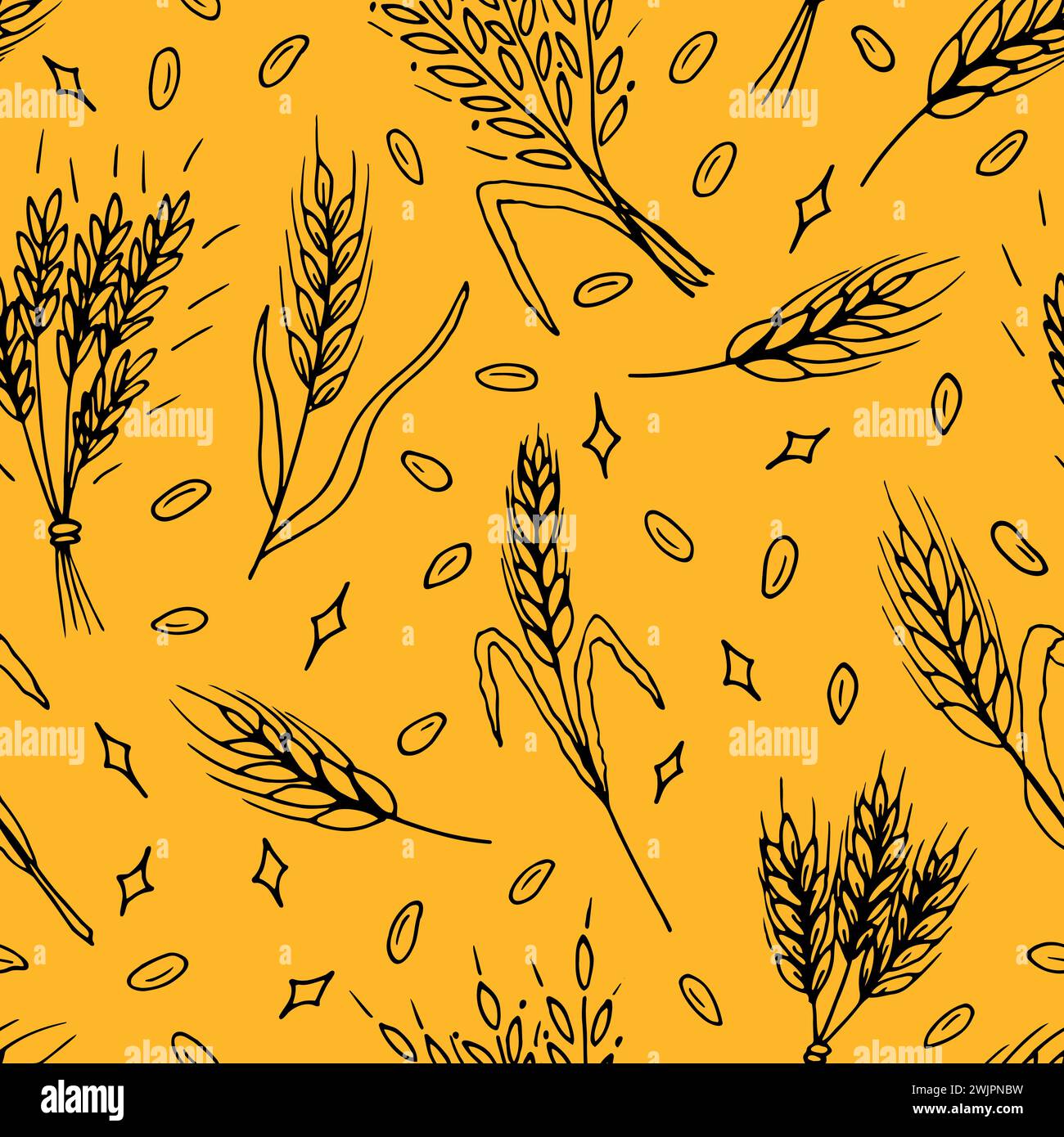 Seamless pattern with hand drawn spikelets of wheat in sketch. Grain ears. Rye, barley, wheat ...