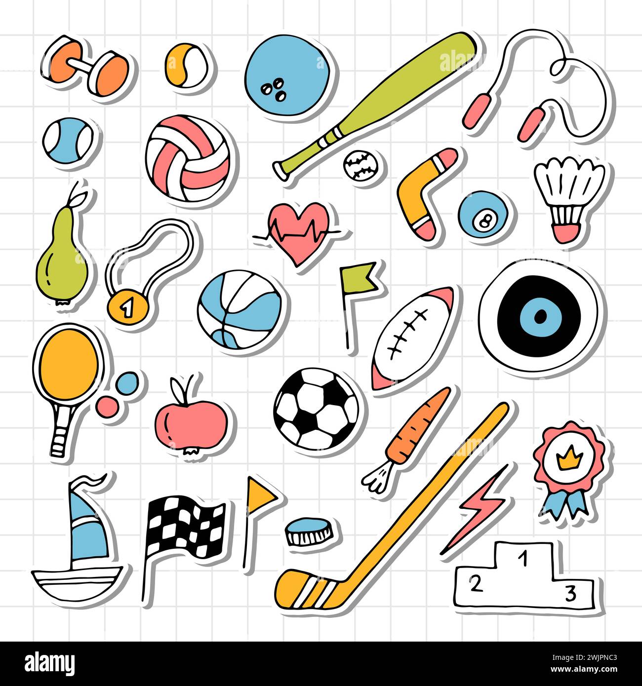 Set of hand drawn sport elements. Sport equipments icons collection ...