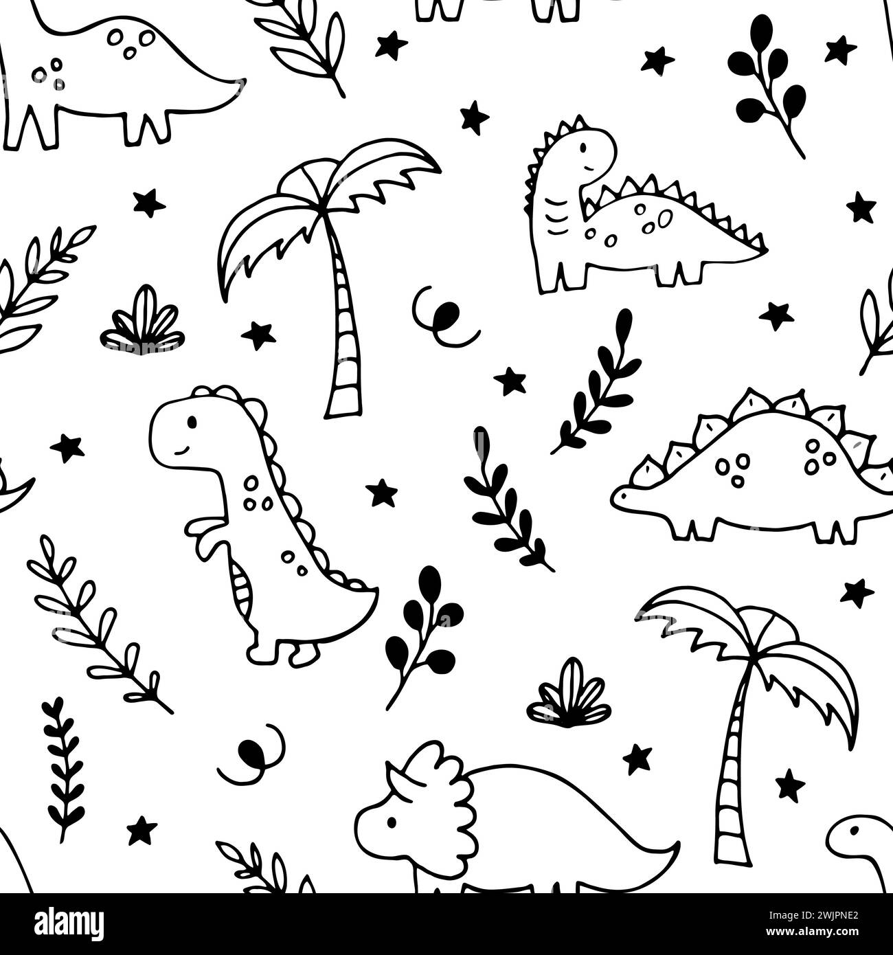 Cute hand drawn seamless pattern with dinosaurs and tropical plants. Dino collection for kids ...