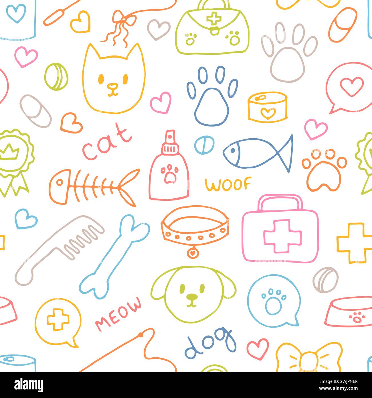 Cute pet seamless pattern. Hand drawn animal background for pet shop ...