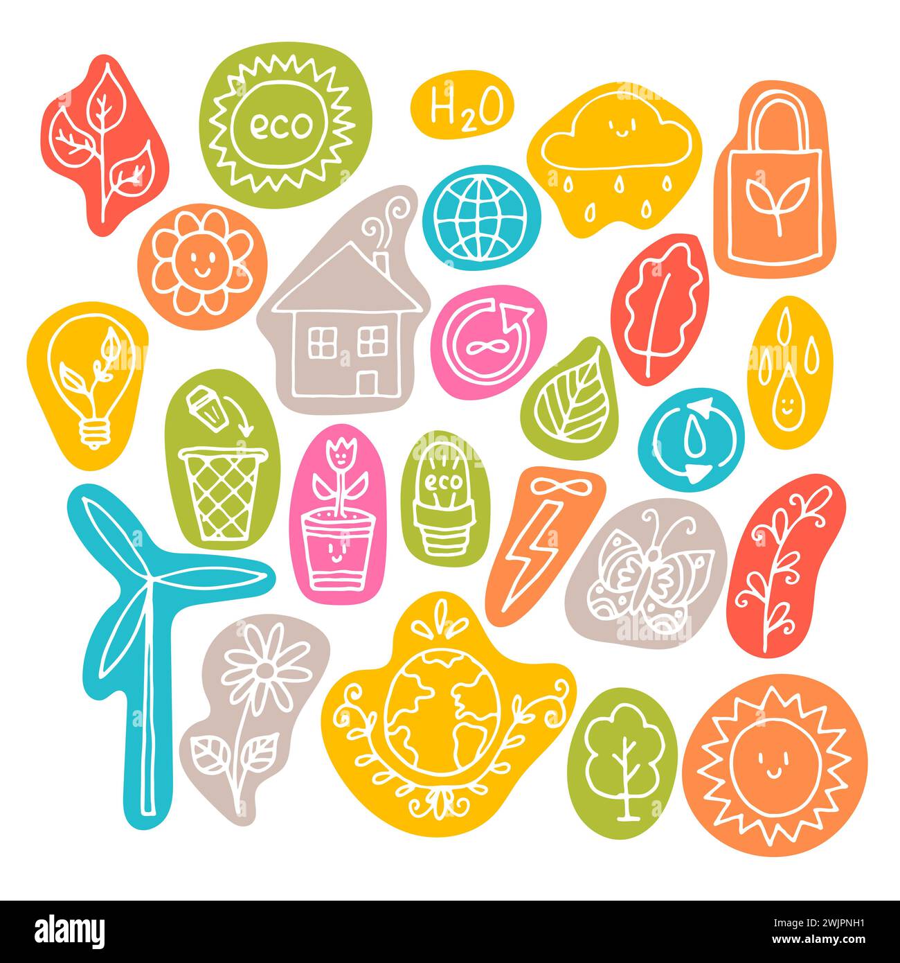 Hand drawn ecology, eco icons. Zero waste concept. Alternative energy ...
