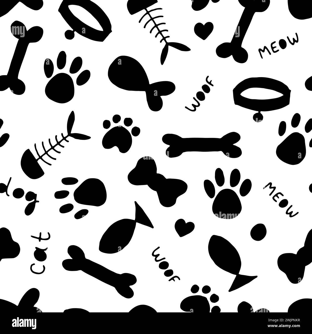 Cute pet seamless pattern. Hand drawn animal background for pet shop ...