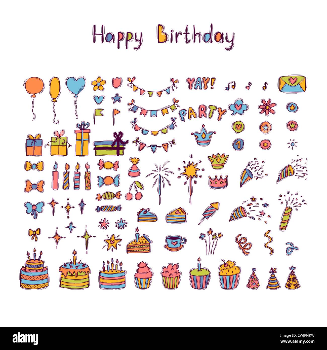 Hand drawn Birthday elements. Holiday collection. Doodle decoration ...