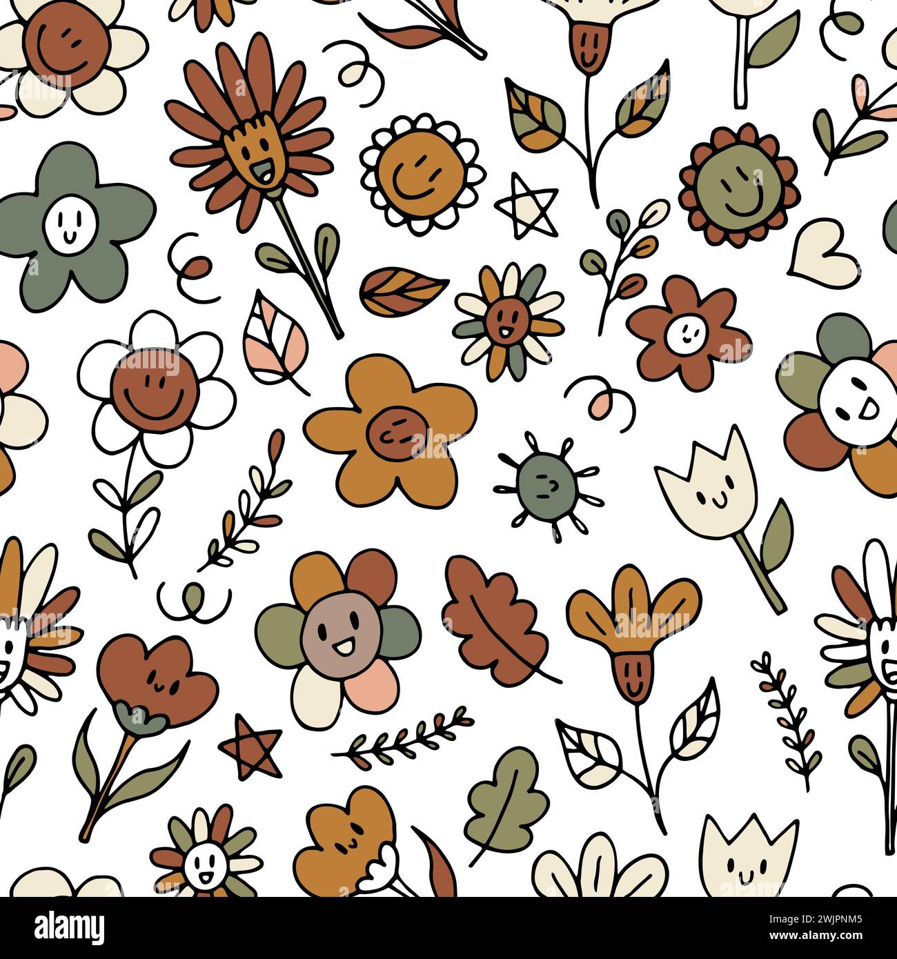 Cute seamless pattern with hand drawn happy flowers. Funny kawaii ...