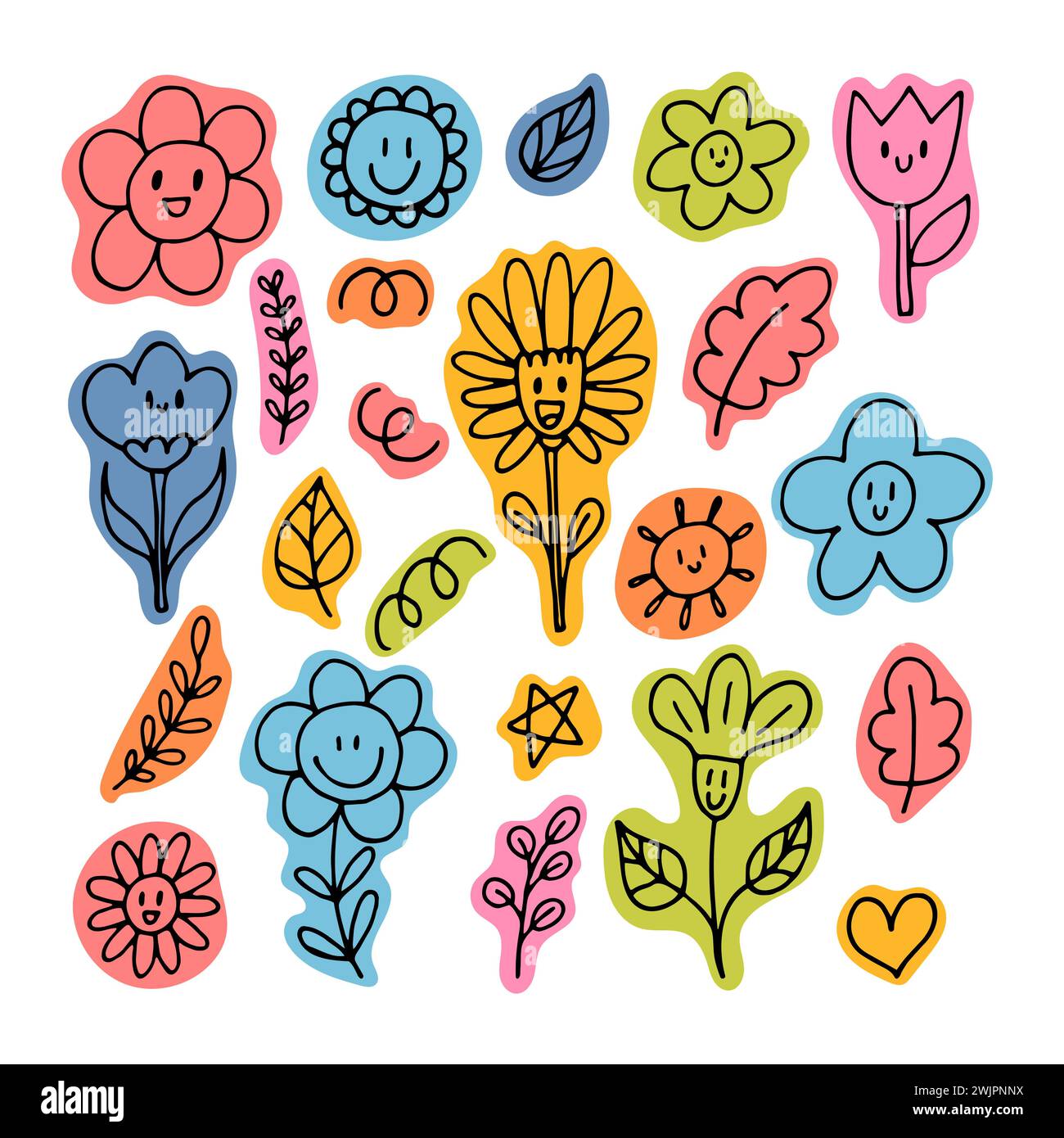 Cute hand drawn happy flowers. Doodle. Funny faces. Floral design ...