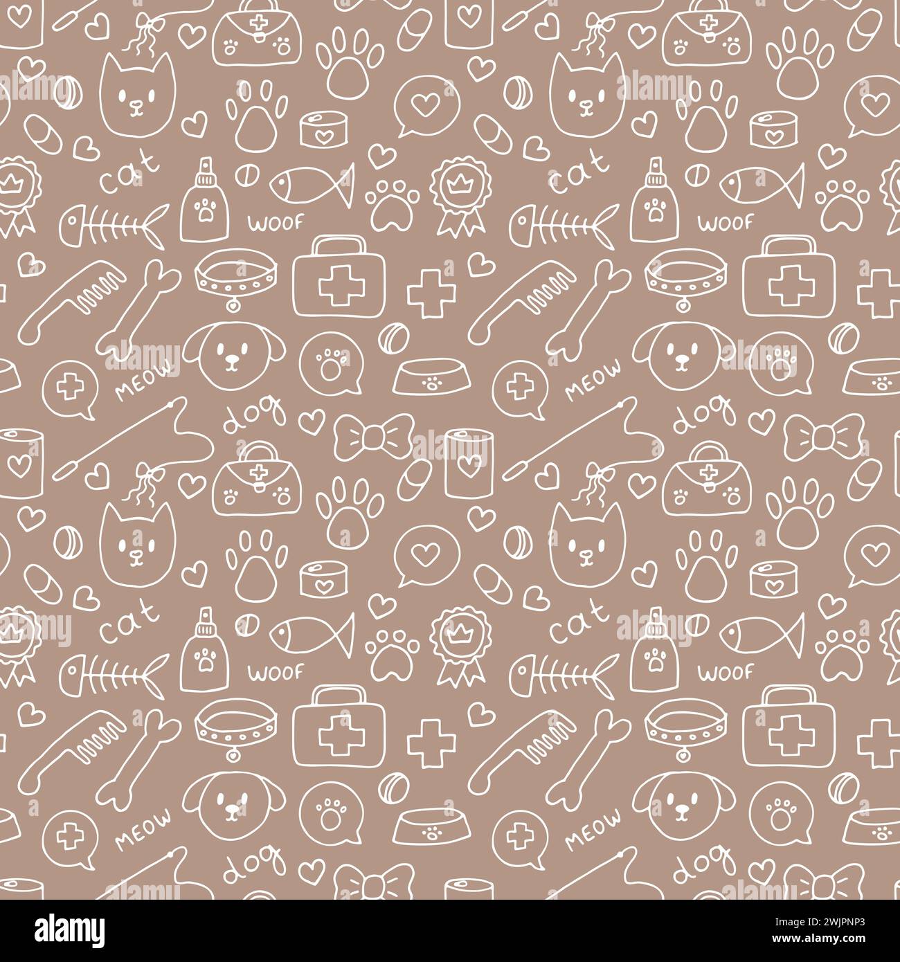 Cute pet seamless pattern. Hand drawn animal background for pet shop ...