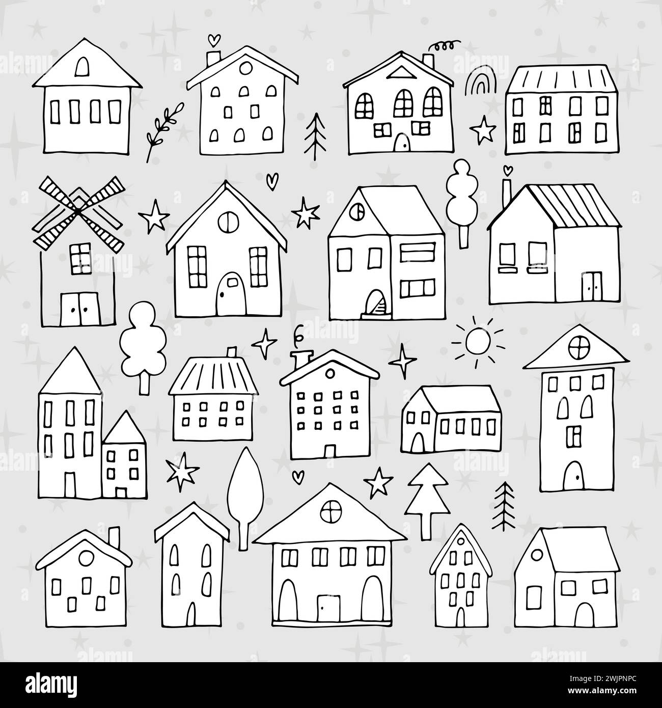 Collection of hand drawn houses. Set of sketched buildings. Doodle ...
