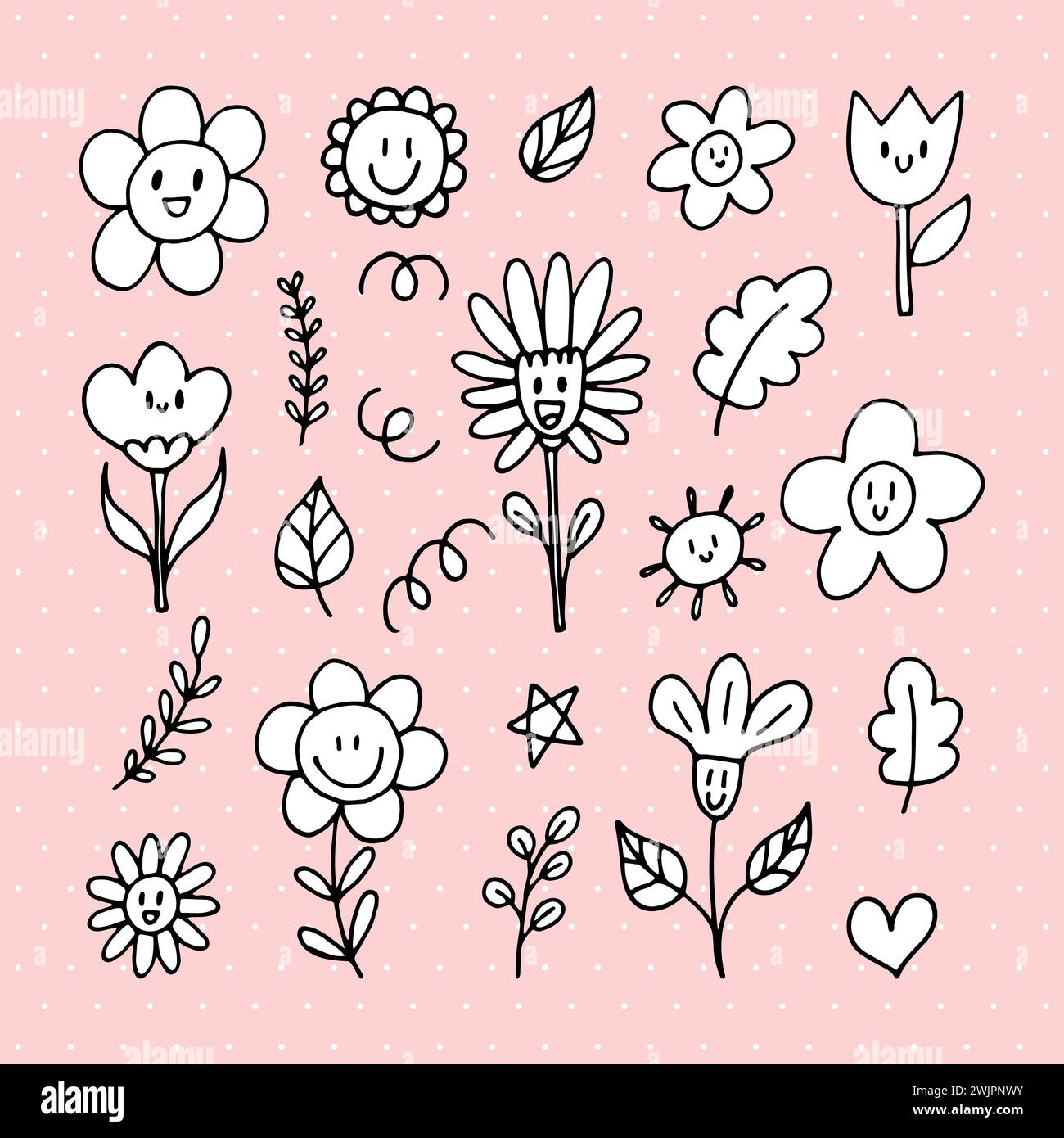 Cute hand drawn happy flowers. Doodle. Funny faces. Floral design ...