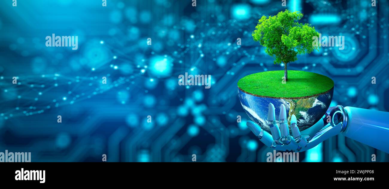Hand holding haft of Earth with Tree. Eco Technology Convergence. Green ...