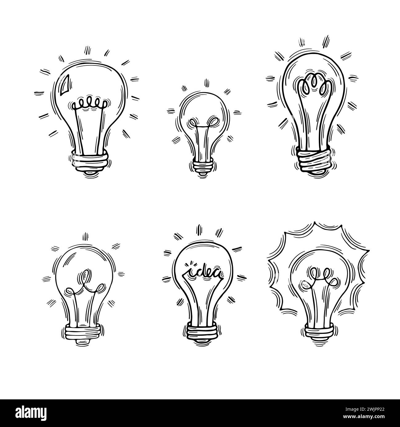 Hand drawn light bulbs. Doodle light bulb. Idea concept. Sketch, minimalistic design. Vector ...