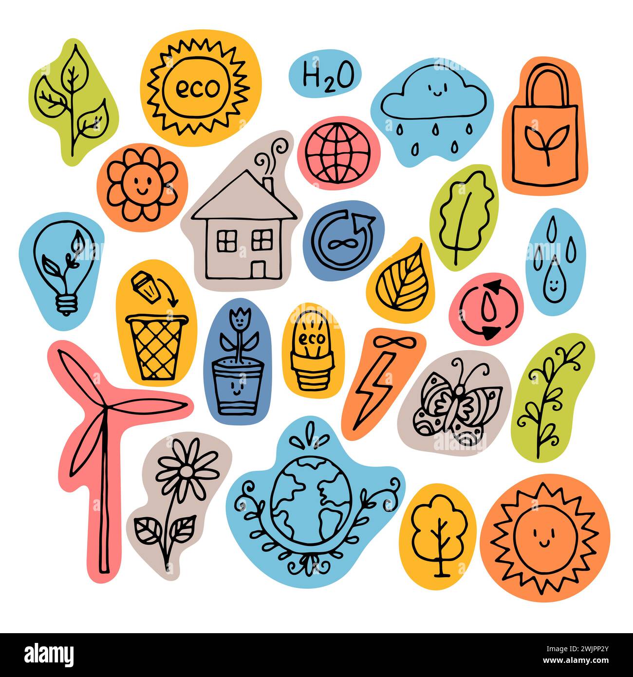 Hand drawn ecology, eco icons. Zero waste concept. Alternative energy ...