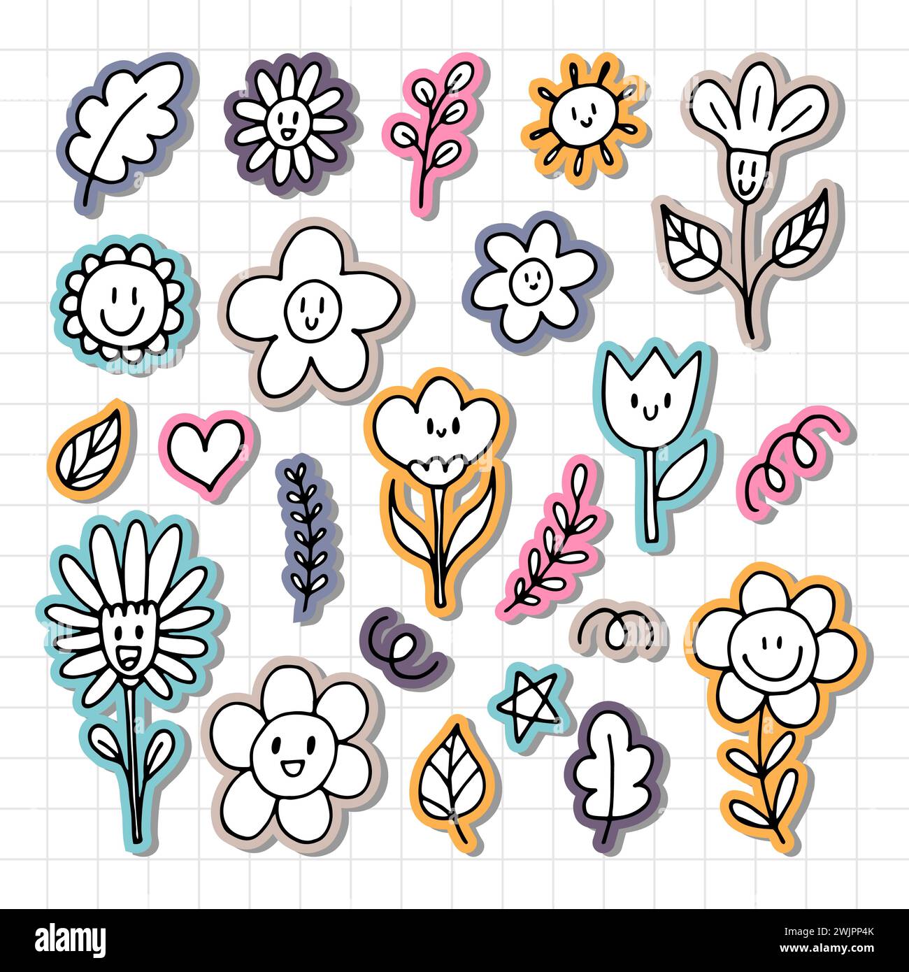 Cute hand drawn happy flowers. Doodle. Funny faces. Floral design ...