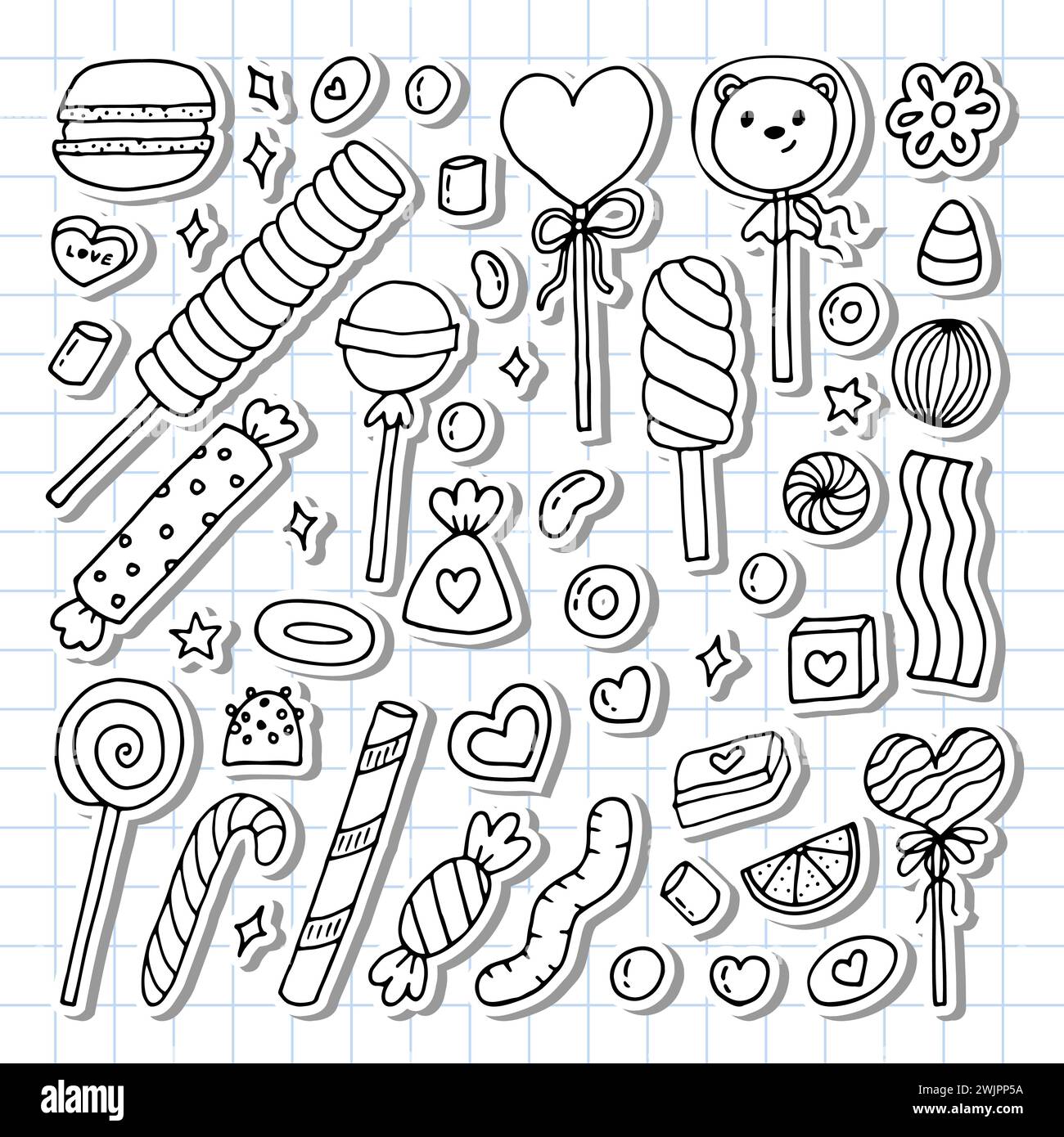 Hand drawn set of sweets and candies. Desserts, chocolate, macaroons ...