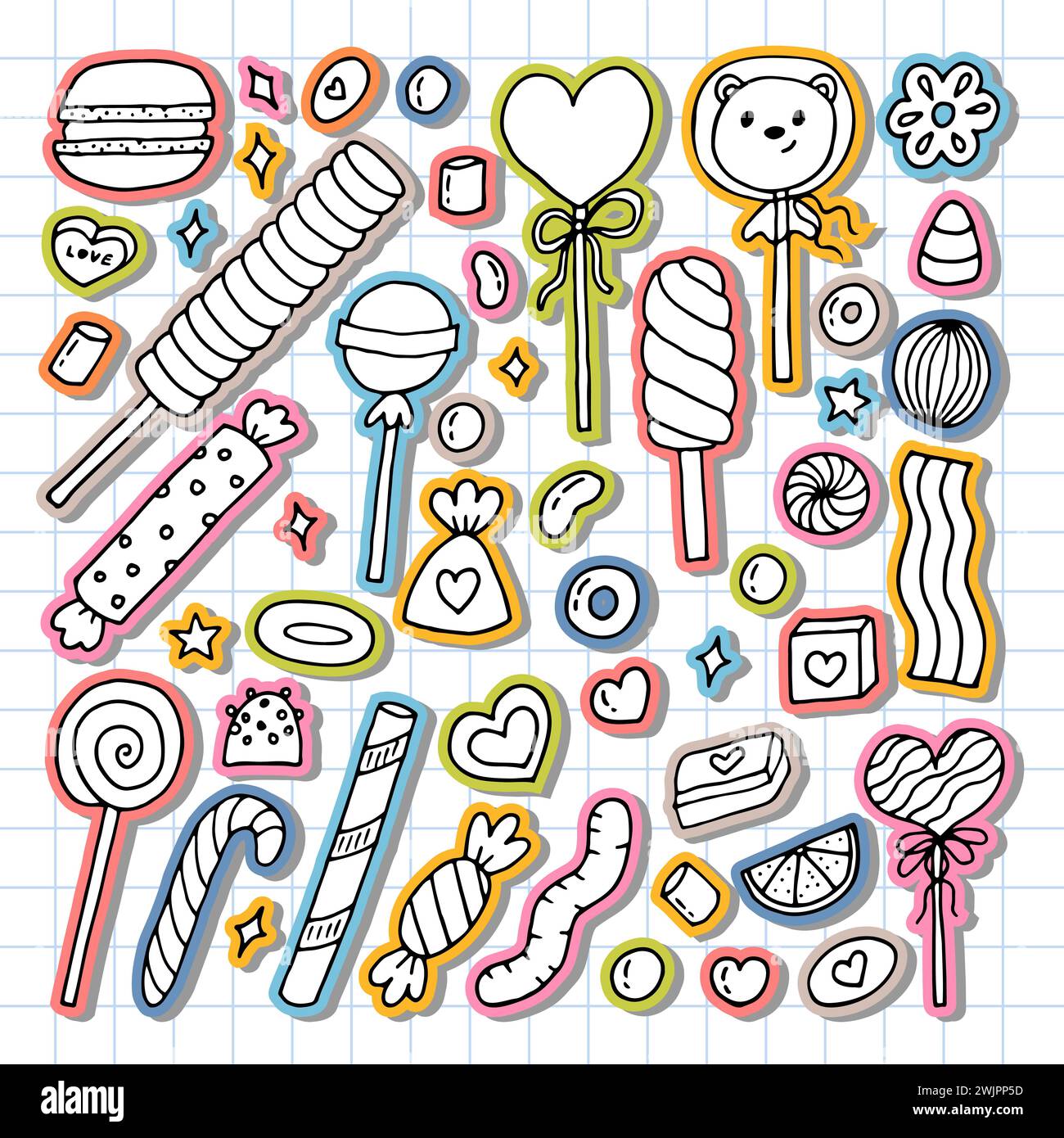 Hand drawn set of sweets and candies. Desserts, chocolate, macaroons ...