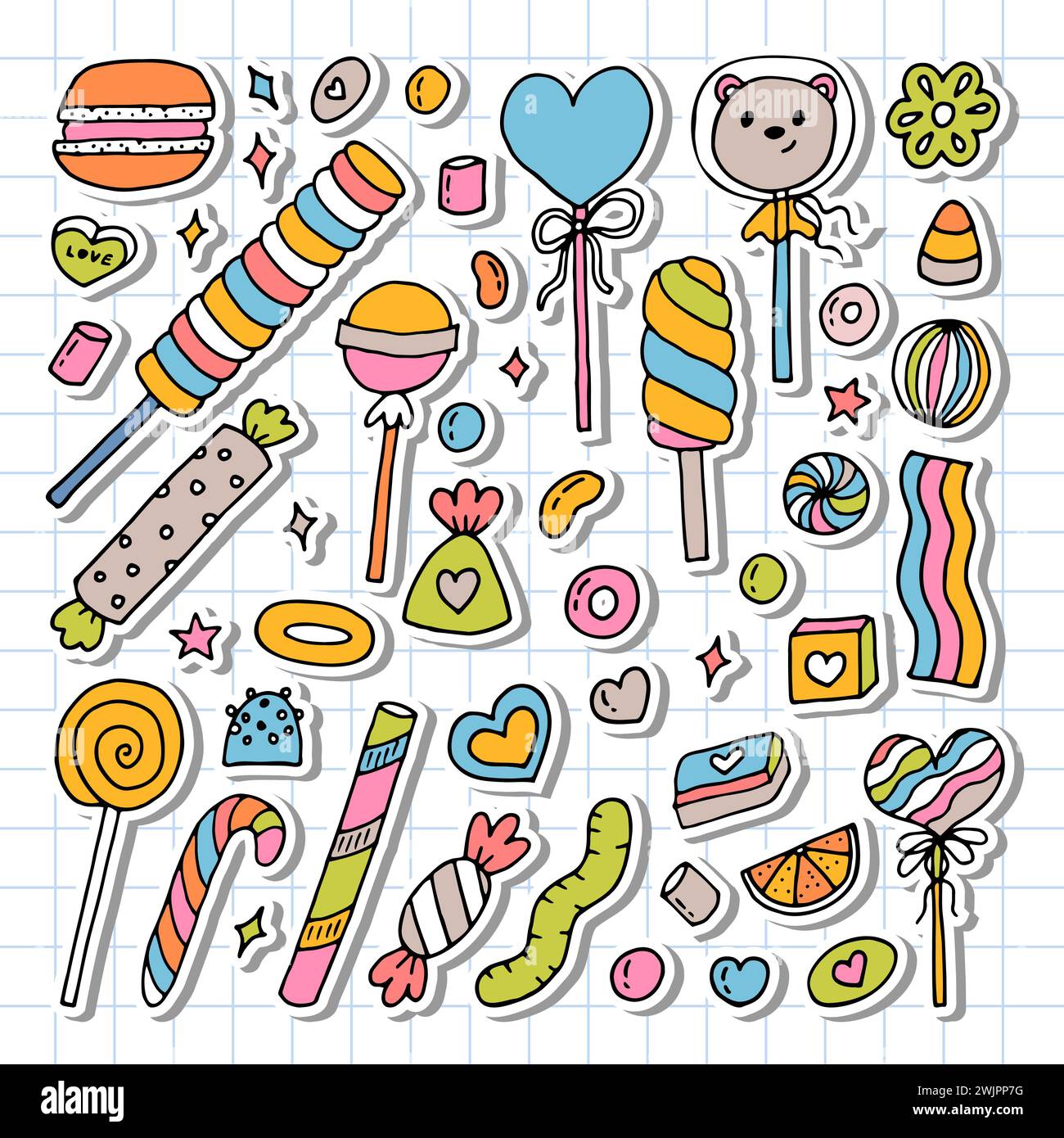 Hand drawn set of sweets and candies. Desserts, chocolate, macaroons ...