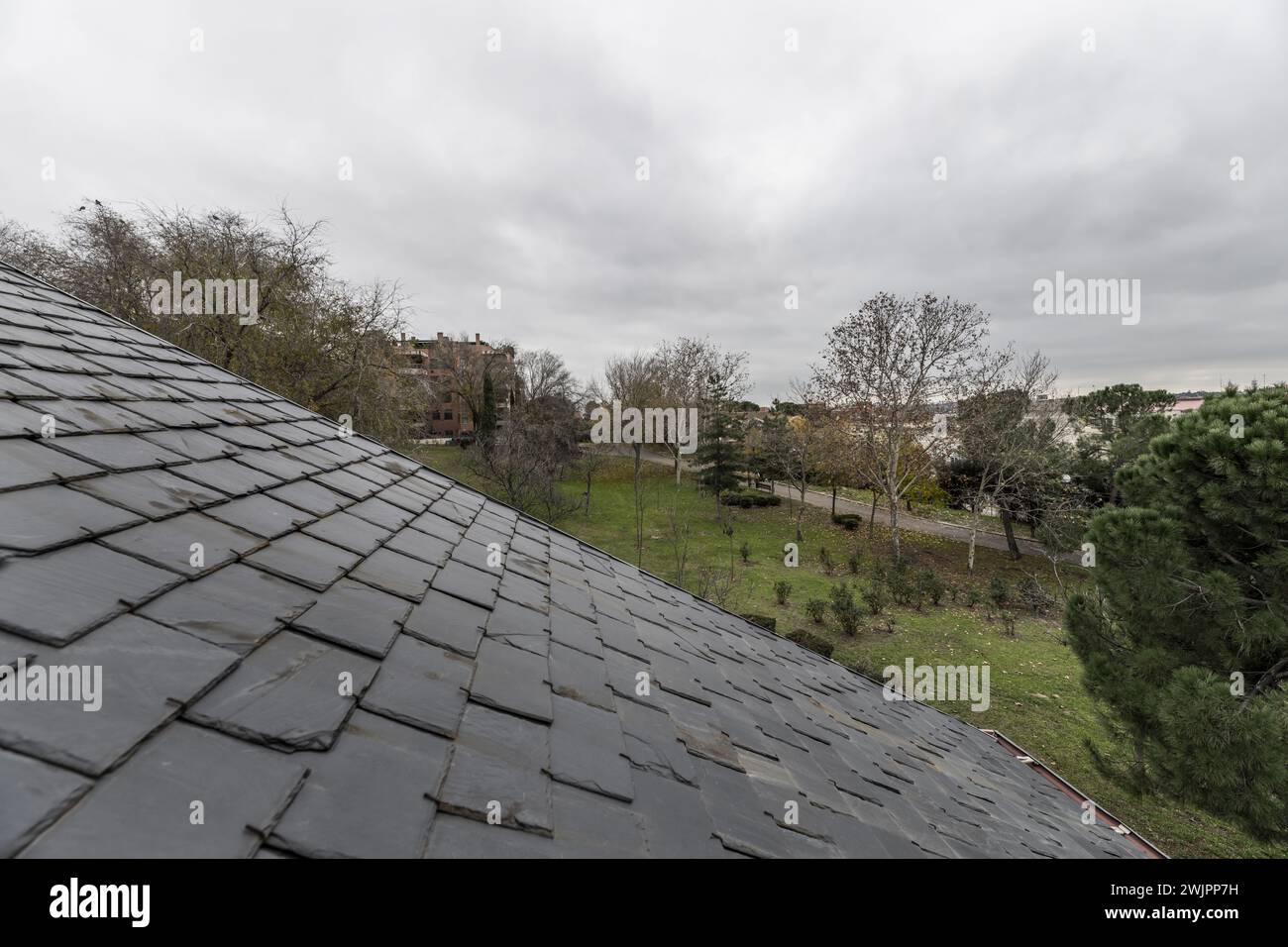 Sloped roofs of a house with black slate tiles and views of a park with ...