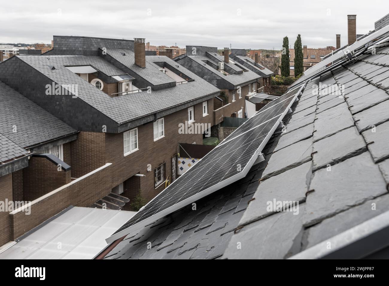 Sloping black slate tile roofs in an urbanization of single-family ...