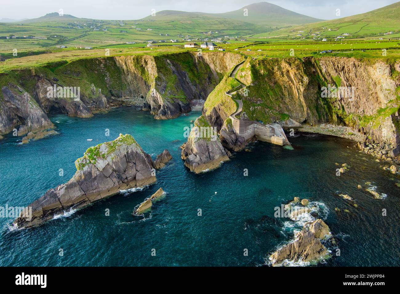 Dunquin or Dun Chaoin pier, Ireland's Sheep Highway. Aerial view of ...
