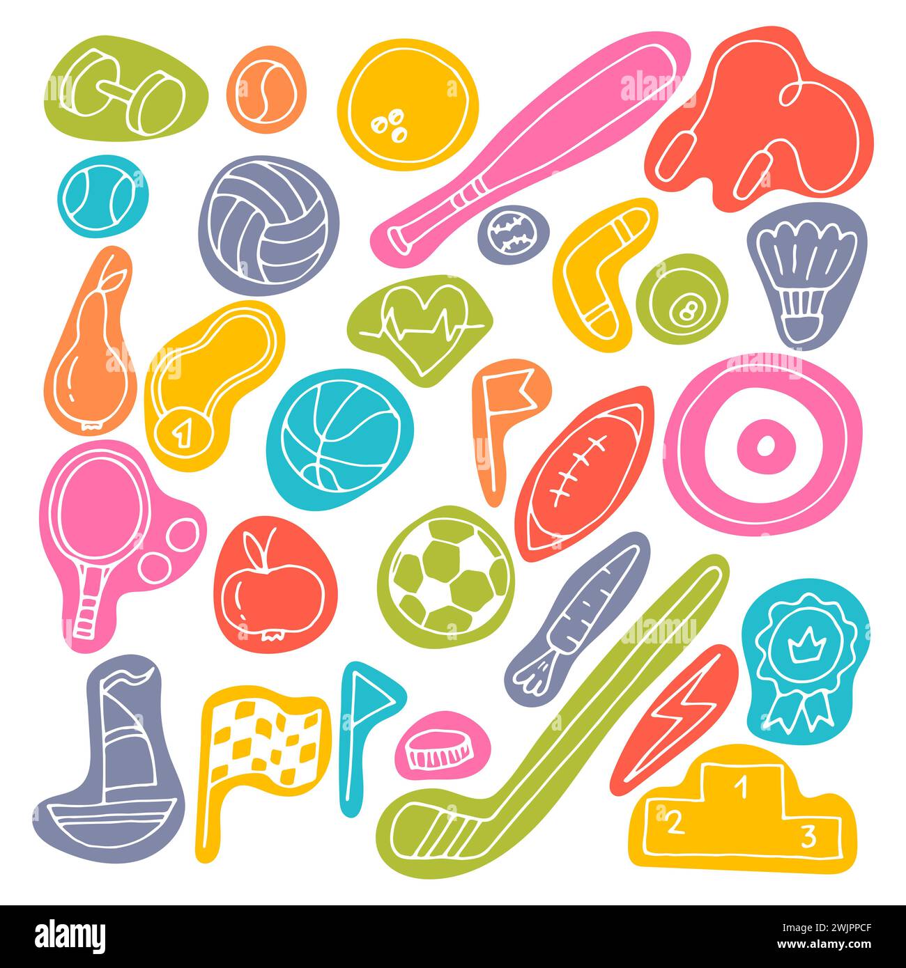 Set of hand drawn sport elements. Sport equipments icons collection ...