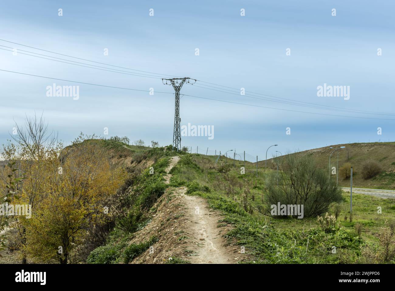 A narrow mountain bike trail up a small slope to a high voltage pylon ...
