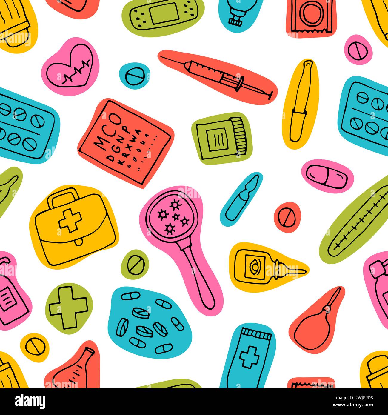 Health care seamless pattern. Hand drawn medicine elements. Pharmacy ...