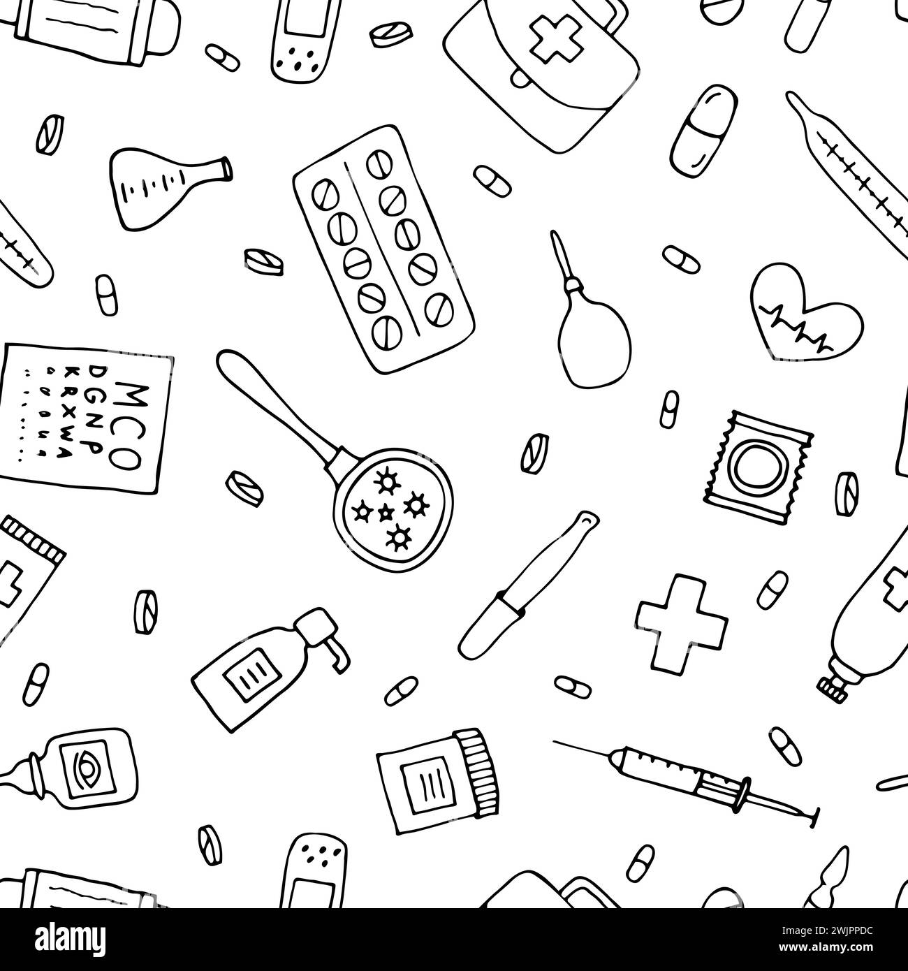 Health care seamless pattern. Hand drawn medicine elements. Pharmacy ...