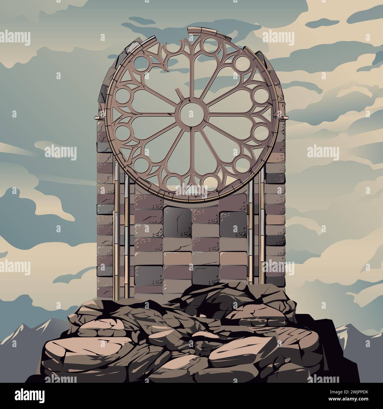 Medieval rose window in ruins. stone background over cloudy sky Stock ...