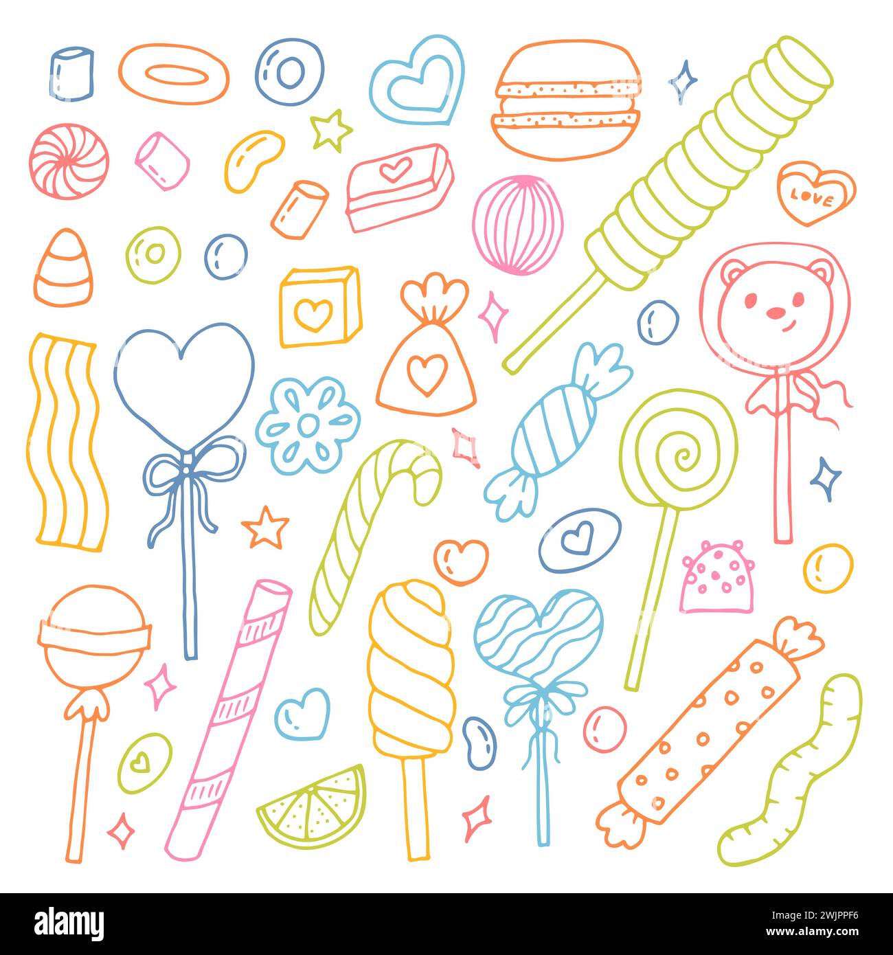 Hand drawn set of sweets and candies. Desserts, chocolate, macaroons ...