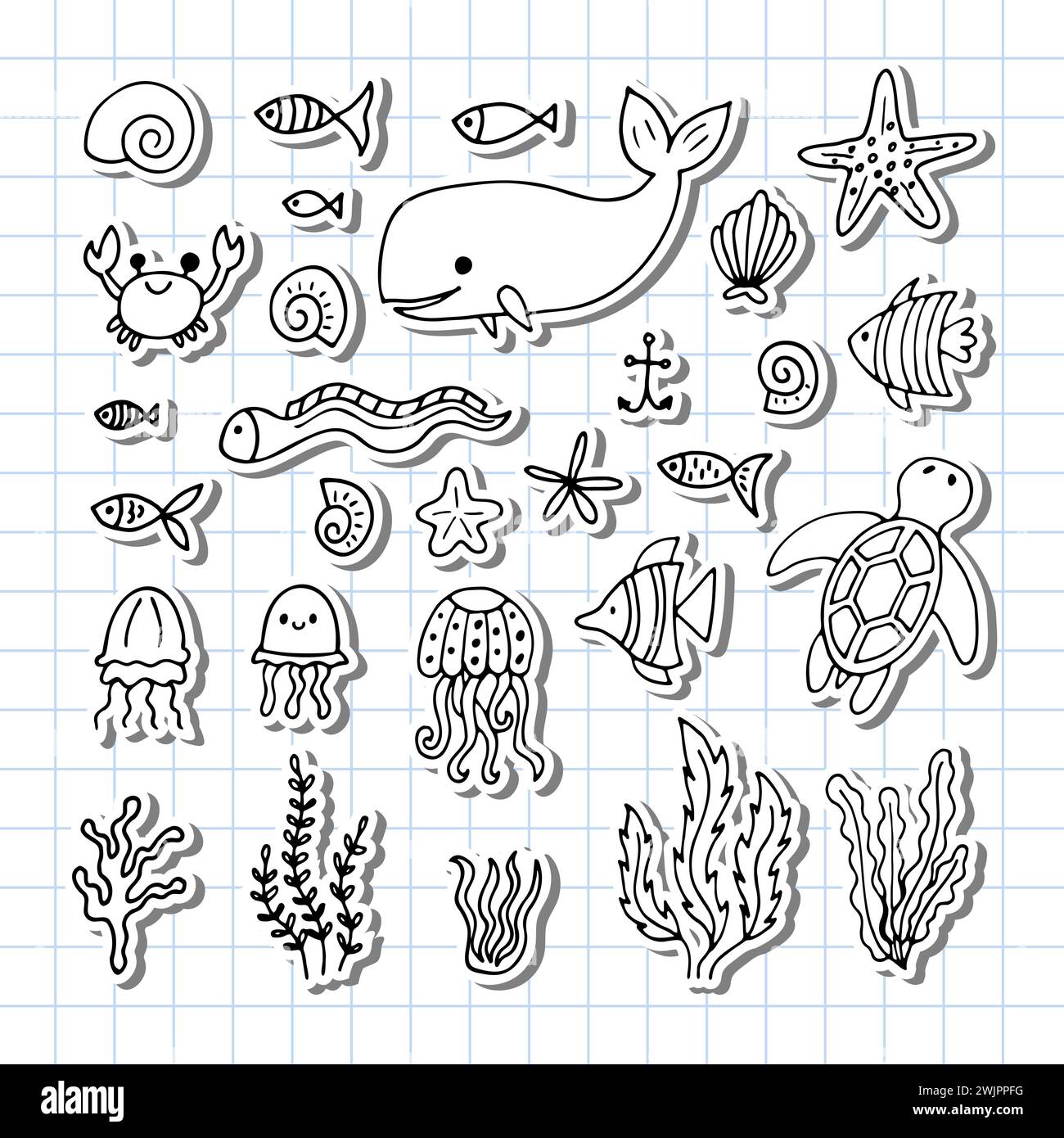 Set of sea animals in hand drawn style. Ocean life. Underwater, under ...