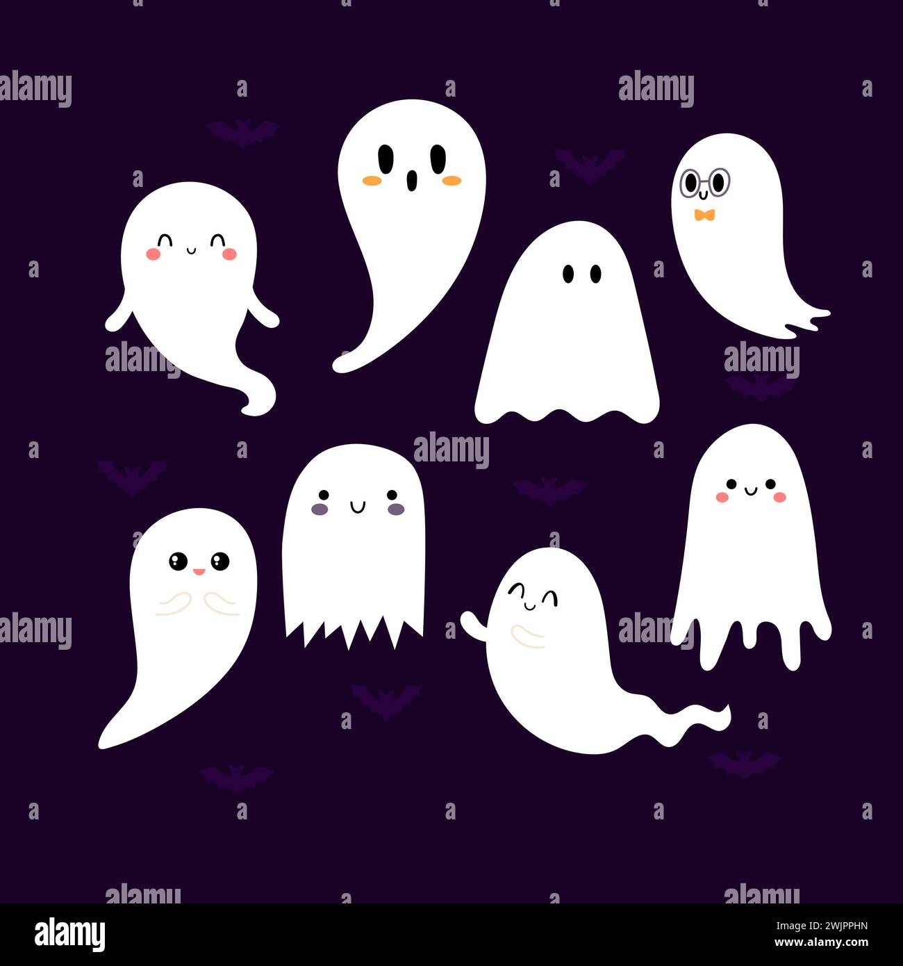 Collection of cute Halloween Ghosts. Cartoon spooky characters. Vector ...