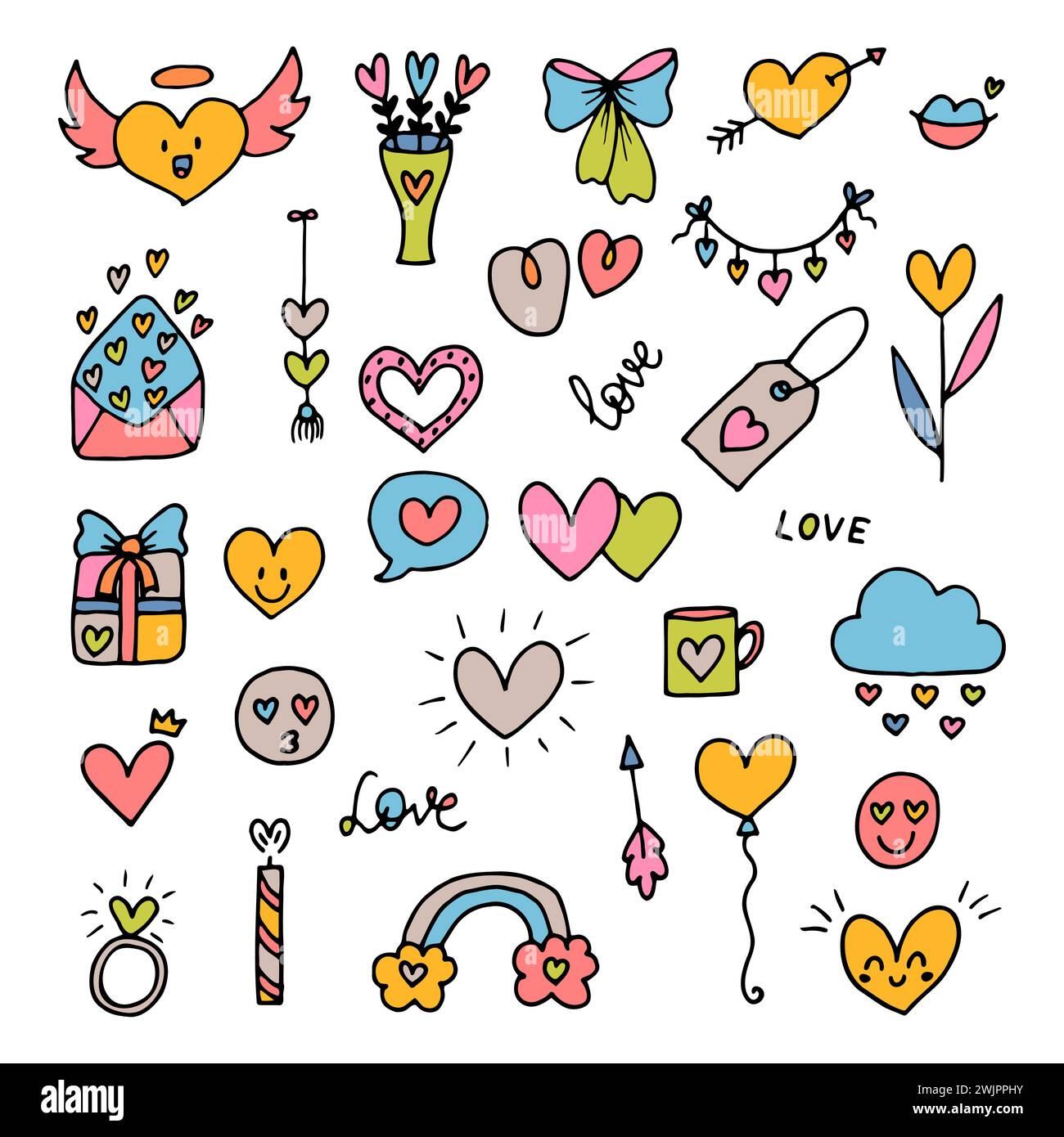 Collection of romantic objects and symbols. Love, wedding, date ...