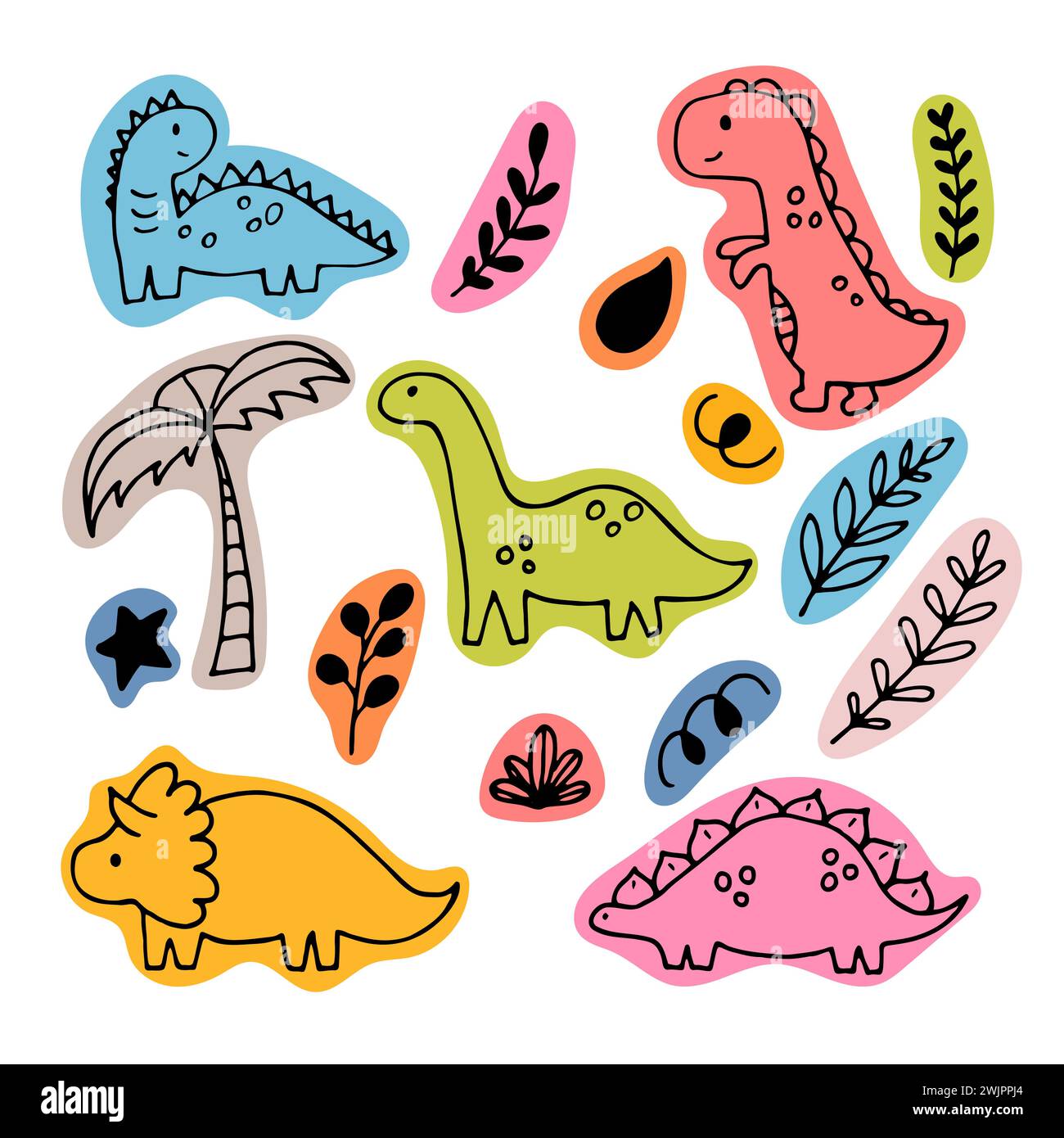 Cute hand drawn dinosaurs and tropical plants. Dino collection for kids ...