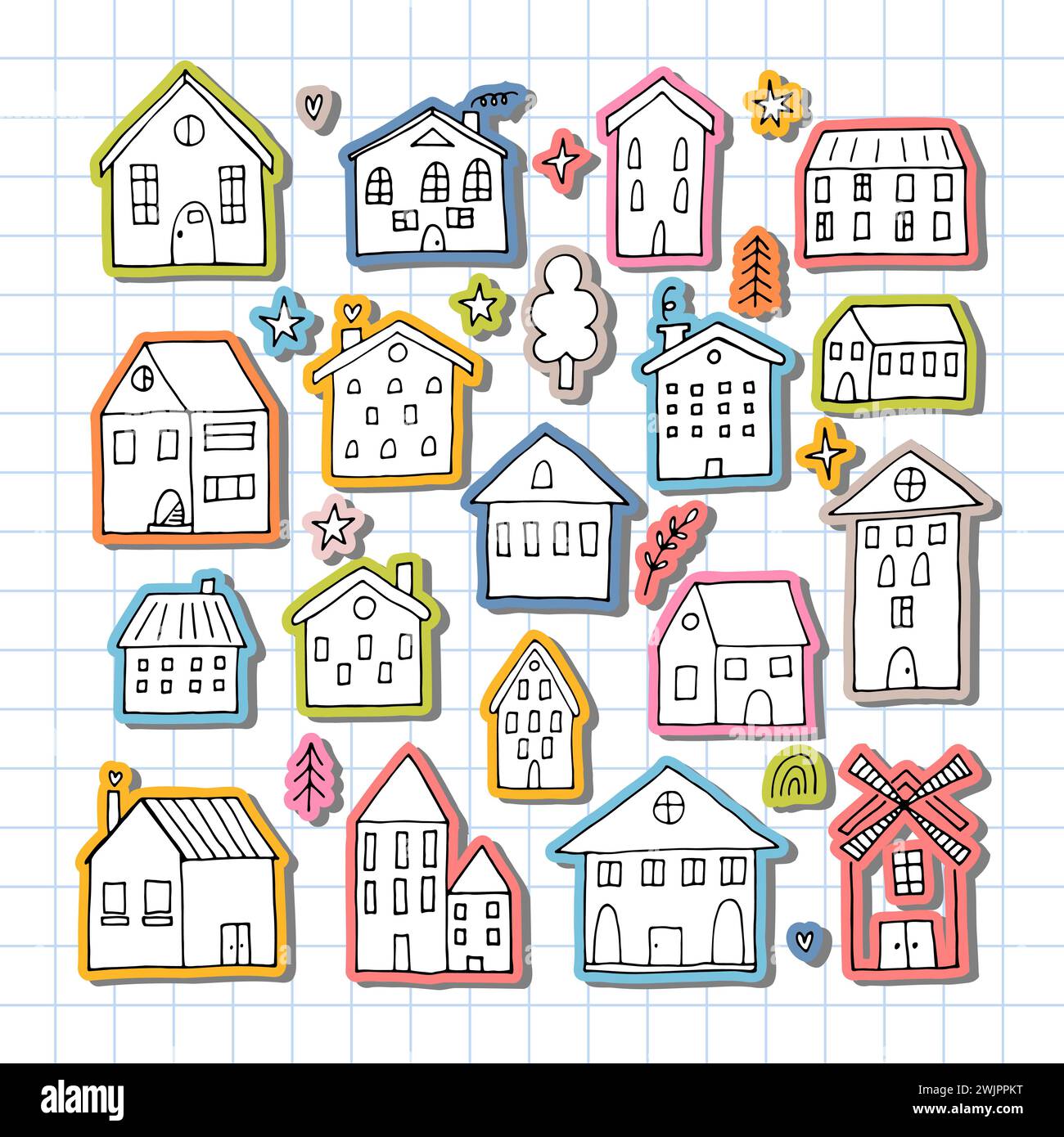 Set of cute hand drawn houses. Collection of sketched buildings. Doodle ...