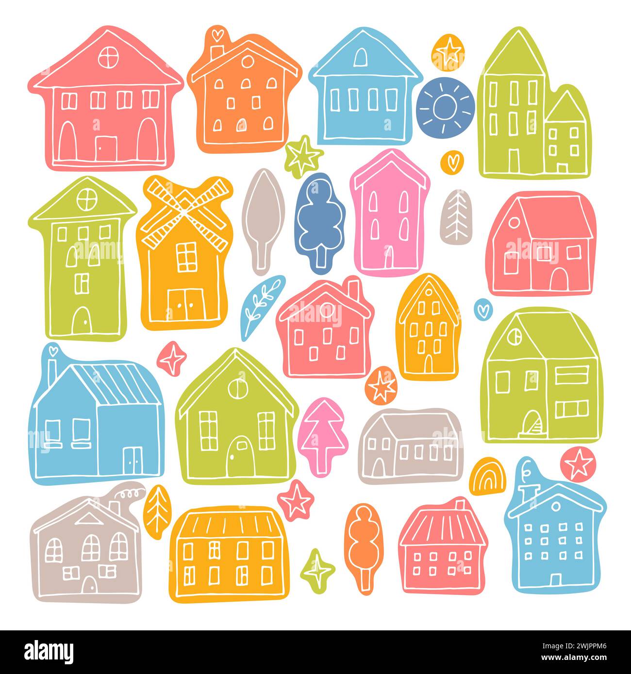 Set of coloured hand drawn houses. Collection of sketched buildings ...