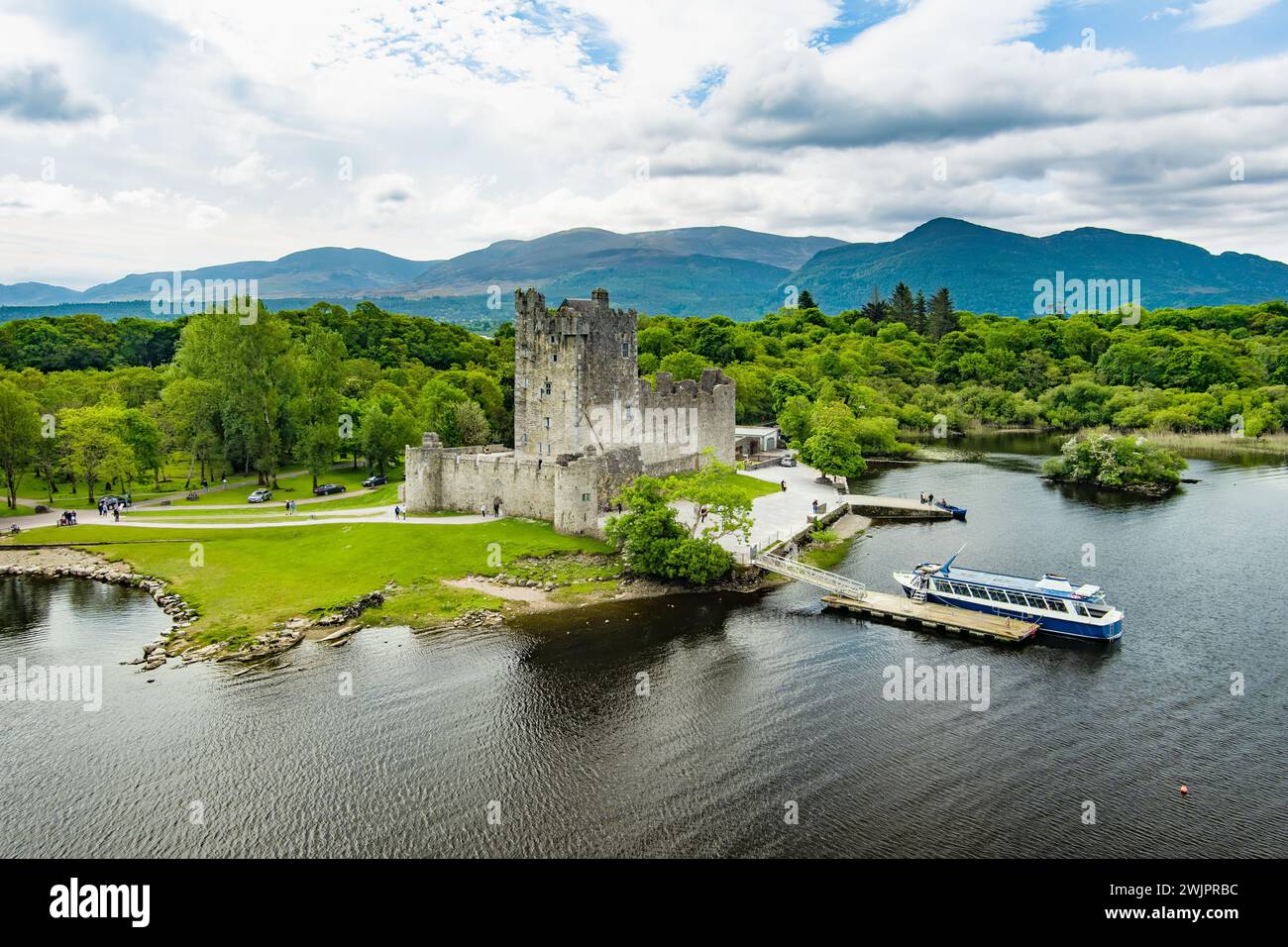 Aerial view of Ross Castle, 15th-century tower house and keep on the ...