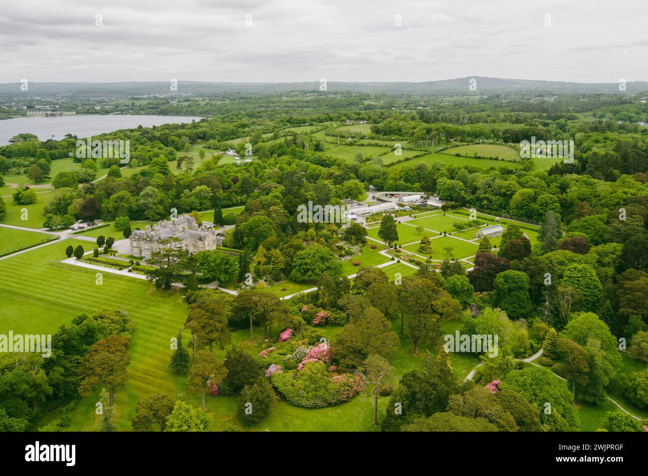Aerial view of the gardens of Muckross House, furnished 19th-century ...