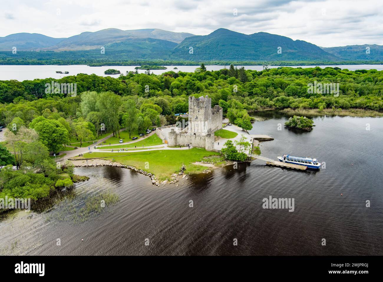 Aerial view of Ross Castle, 15th-century tower house and keep on the ...